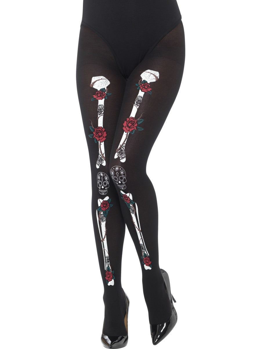 Black Opaque Day of the Dead Tights | Party Savers | Day of the Dead ...